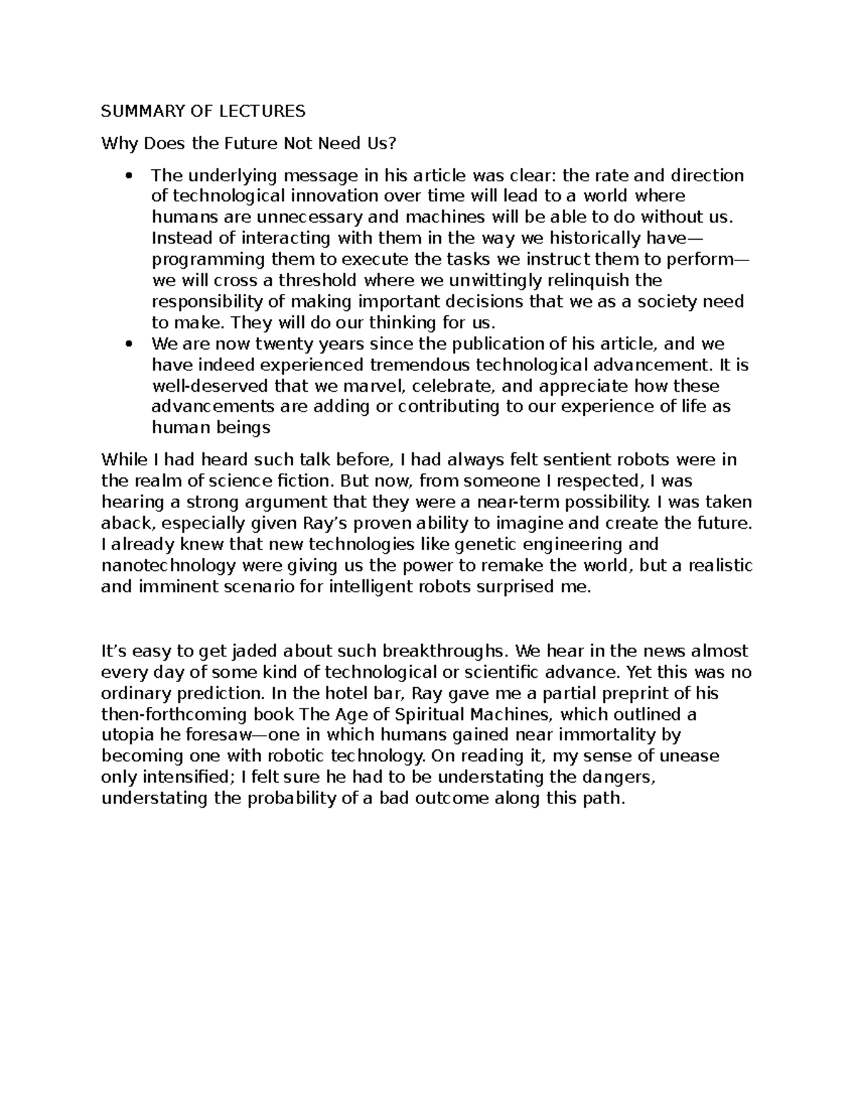 Lectureunit 7 - lecture - SUMMARY OF LECTURES Why Does the Future Not ...