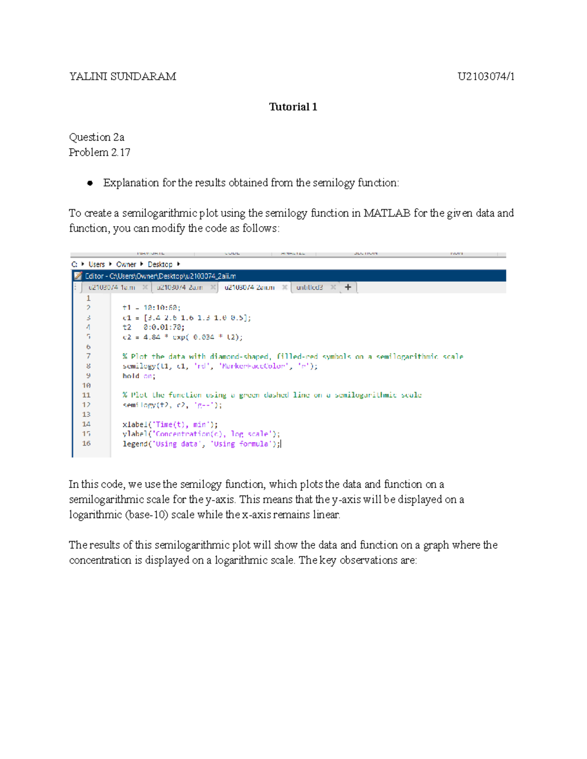 Numerical Analysis Tutorial 1 - YALINI SUNDARAM U2103074/ Tutorial 1 Question 2a Problem 2 ...