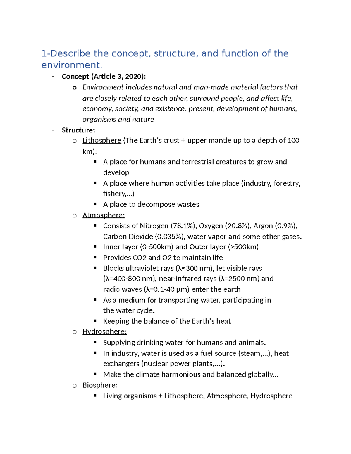 Environment question for final exam - 1-Describe the concept, structure ...
