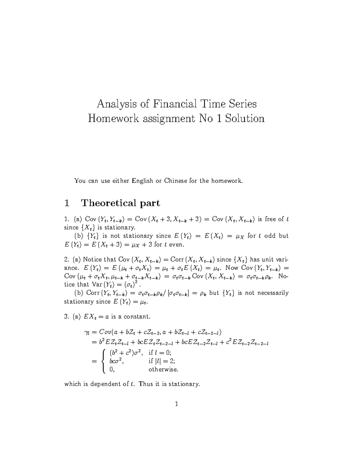 Hw1 solution - financial time series - Analysis of Financial Time Series Homework assignment No ...