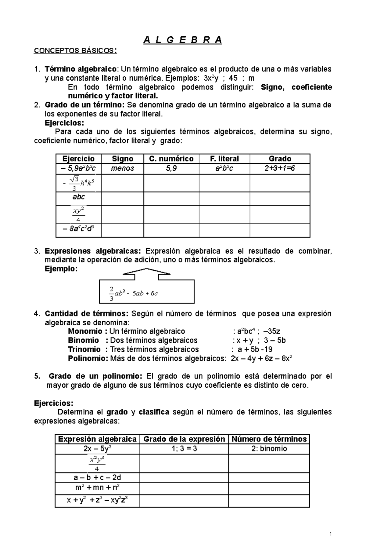 Álgebra y conceptos básicos - A L G E B R A CONCEPTOS 1. algebraico: Un algebraico es el ...