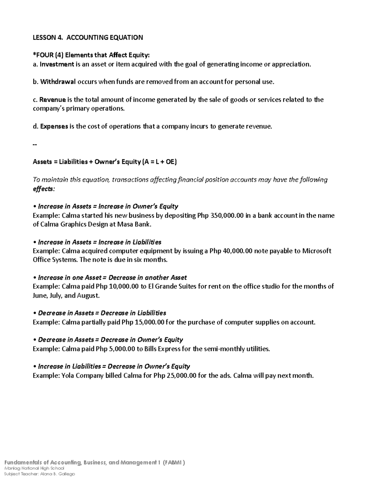 Lesson 4 Accounting Equation Handout and Activity - Fundamentals of ...
