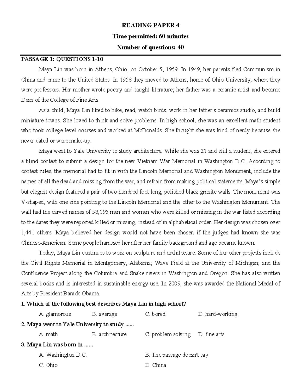 Vstep Reading Test 4 - English test - READING PAPER 4 Time permitted ...