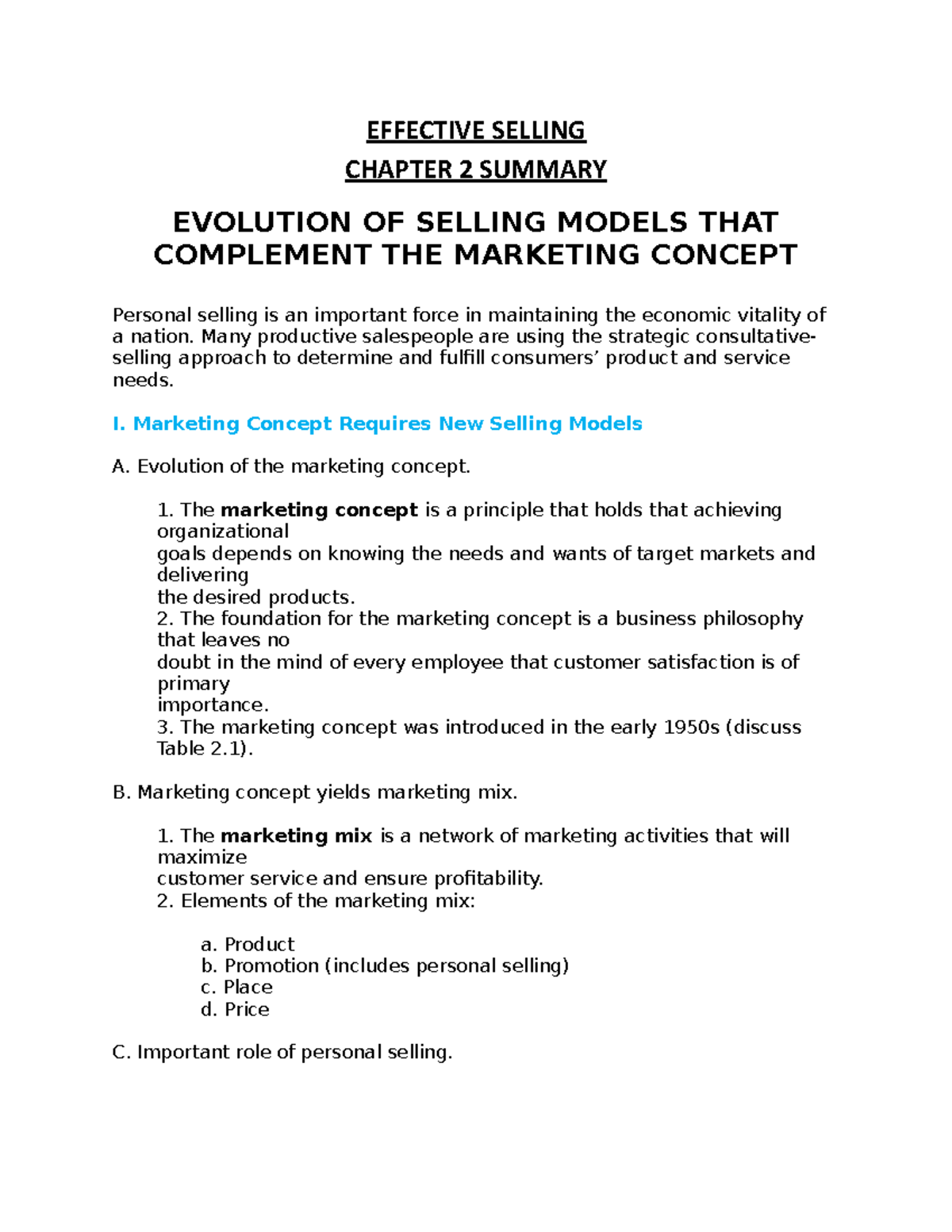 Chapter 2 Summary - EFFECTIVE SELLING CHAPTER 2 SUMMARY EVOLUTION OF ...