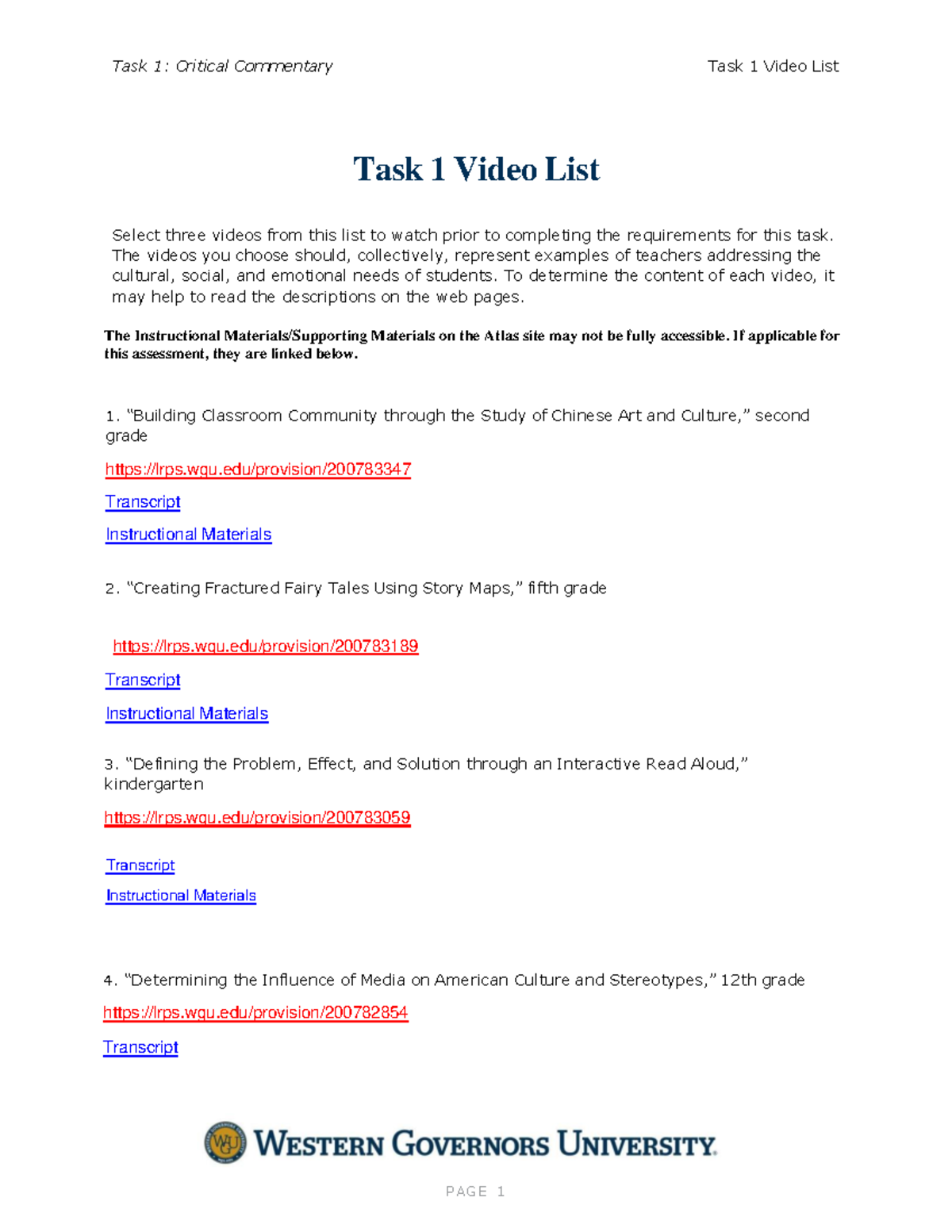 Task 1 Video List - jhkhkjhkhi - Task 1: Critical Commentary Task 1 Video List PAGE 1 Task 1 ...