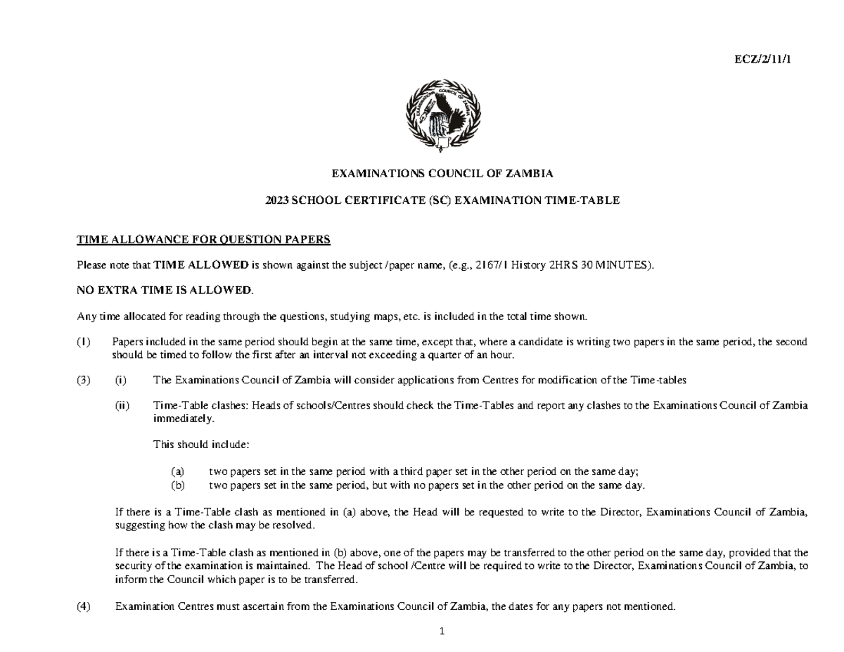 2023 School Certificate TIME Table - ECZ/2/11/ EXAMINATIONS COUNCIL OF ...