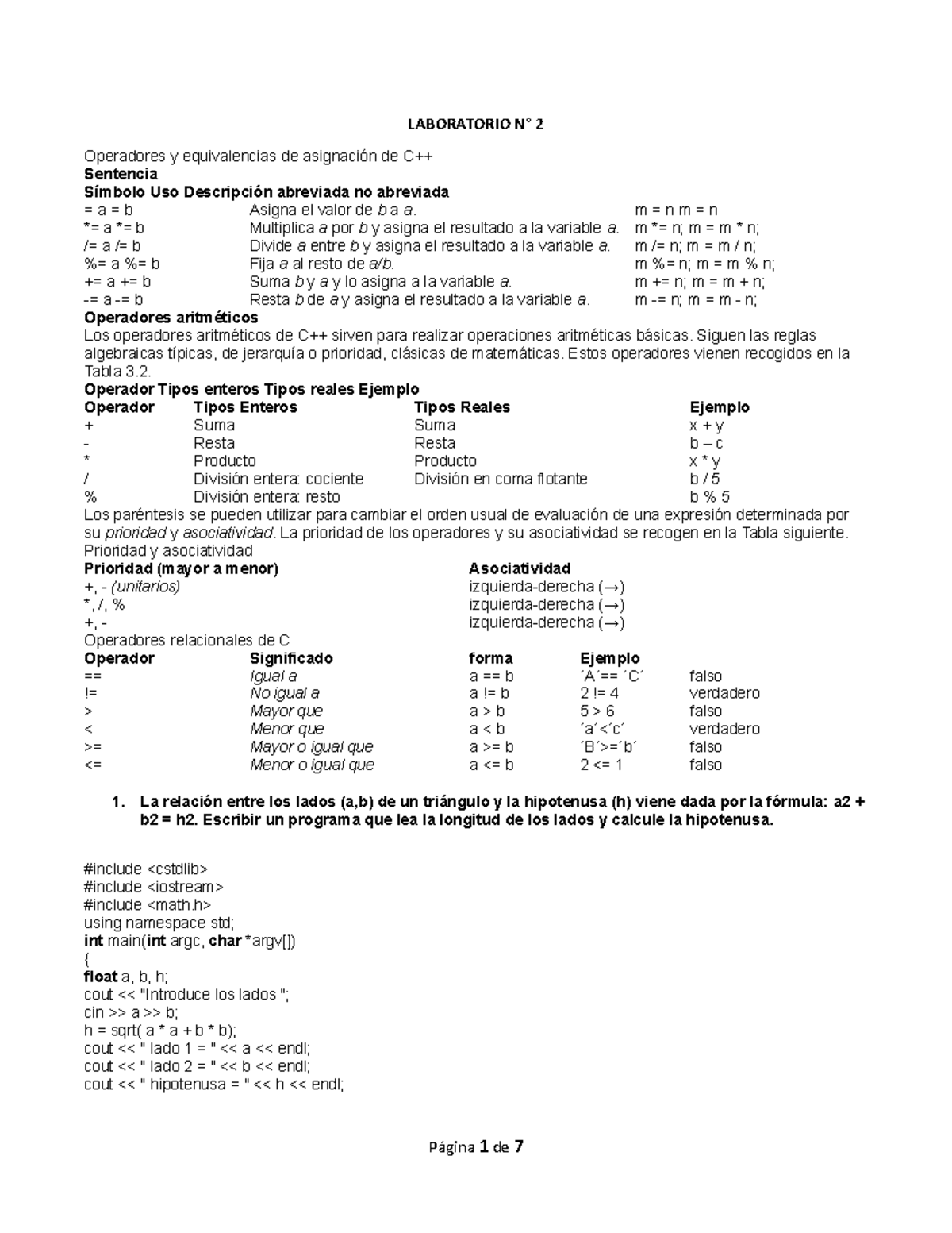 Laboratorio Nro. 2 - Fis - LABORATORIO N° 2 Operadores y equivalencias ...