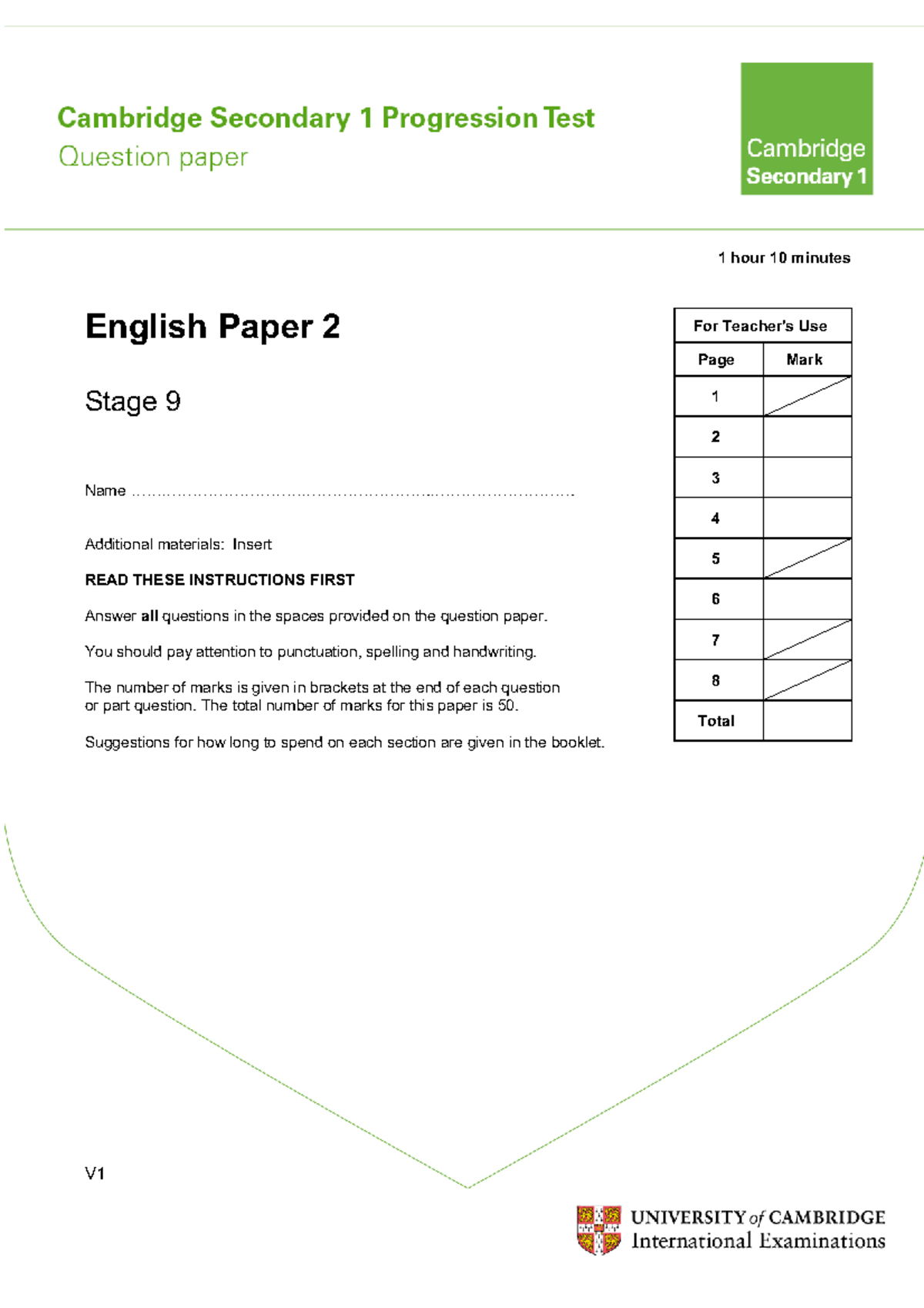 Secondary Progression Test Stage 9 English Paper 2 - © UCLES 2011 ...