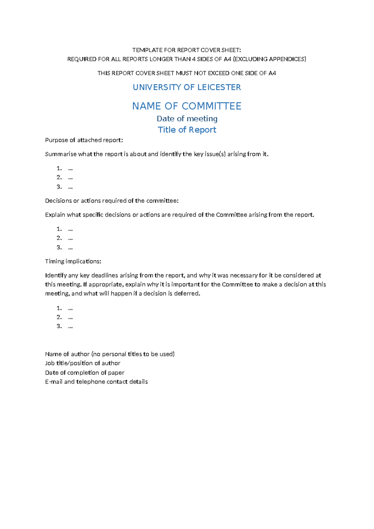 Cover sheet template - TEMPLATE FOR REPORT COVER SHEET: REQUIRED FOR ...