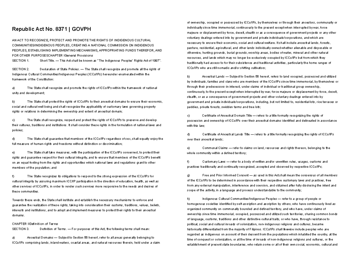 RA 8371 - RA 8371 - Republic Act No. 8371 | GOVPH AN ACT TO RECOGNIZE ...