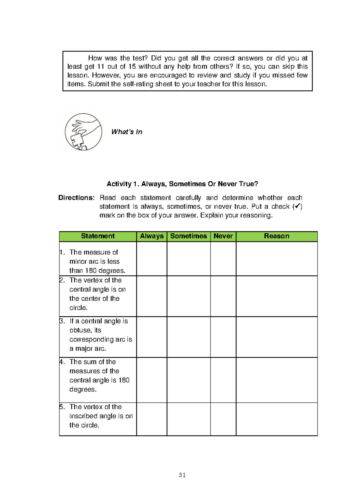 MATH 10 - Lesson 3 - Activity 1. Always, Sometimes Or Never True ...