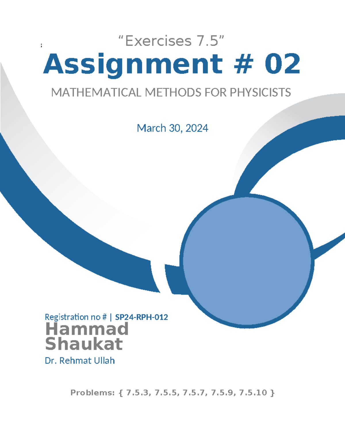 Front PAGE Assignment - Physicist Hammad Shaukat - Applied Physics - ; Assignment # 02 ...