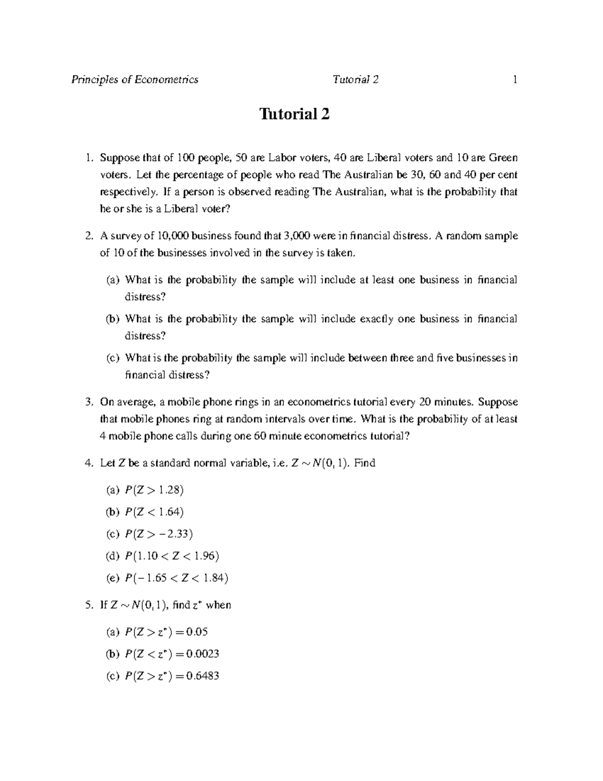 Ecmt5001tut2 - tutorial work - Principles of Econometrics Tutorial 2 1 ...