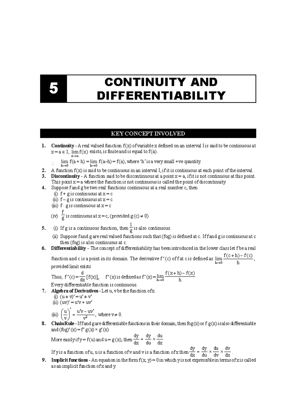 CBSE Class 12 Maths formula - Chapter 5 Continuity and ...