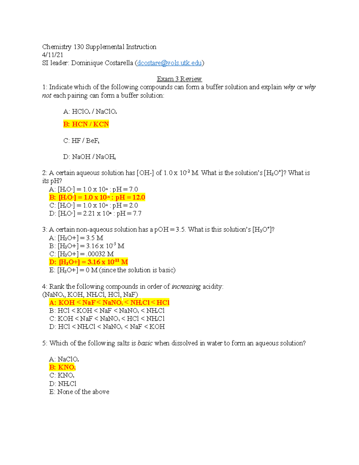 CHEM 130 SI SP'21 - Exam 3 Review (key) - Chemistry 130 Supplemental ...