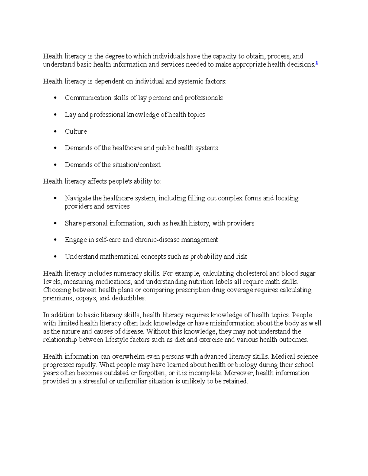 Health Literacy Notes - Health literacy is the degree to which ...