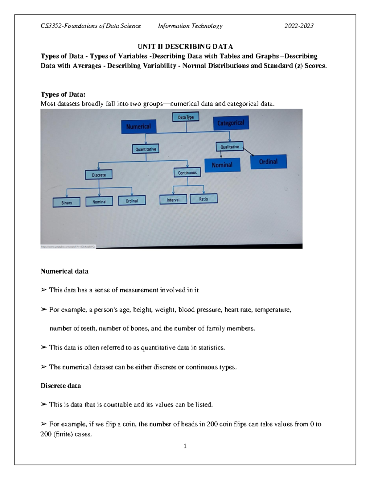 FDS Unit II notes - UNIT II DESCRIBING DATA Types of Data - Types of ...
