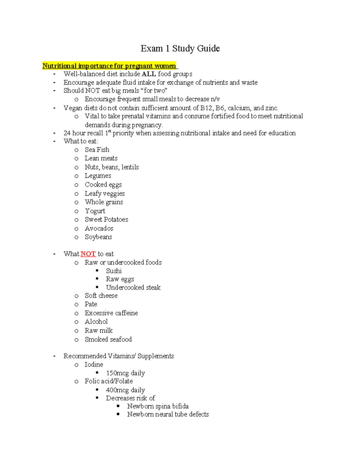 Maternity Exam 1 Study Guide (Final) - Exam 1 Study Guide Nutritional ...