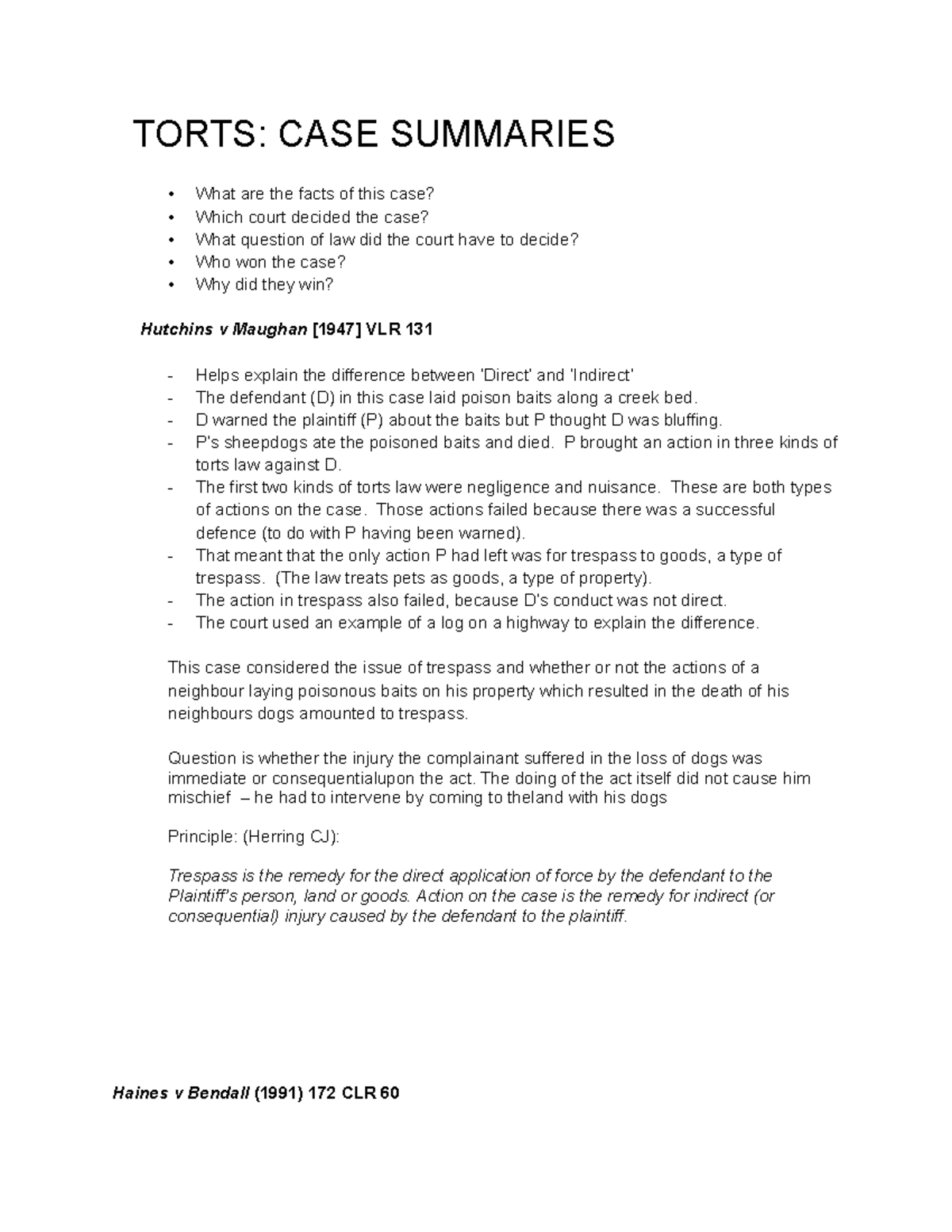 Torts - Case Summaries - TORTS: CASE SUMMARIES What are the facts of ...