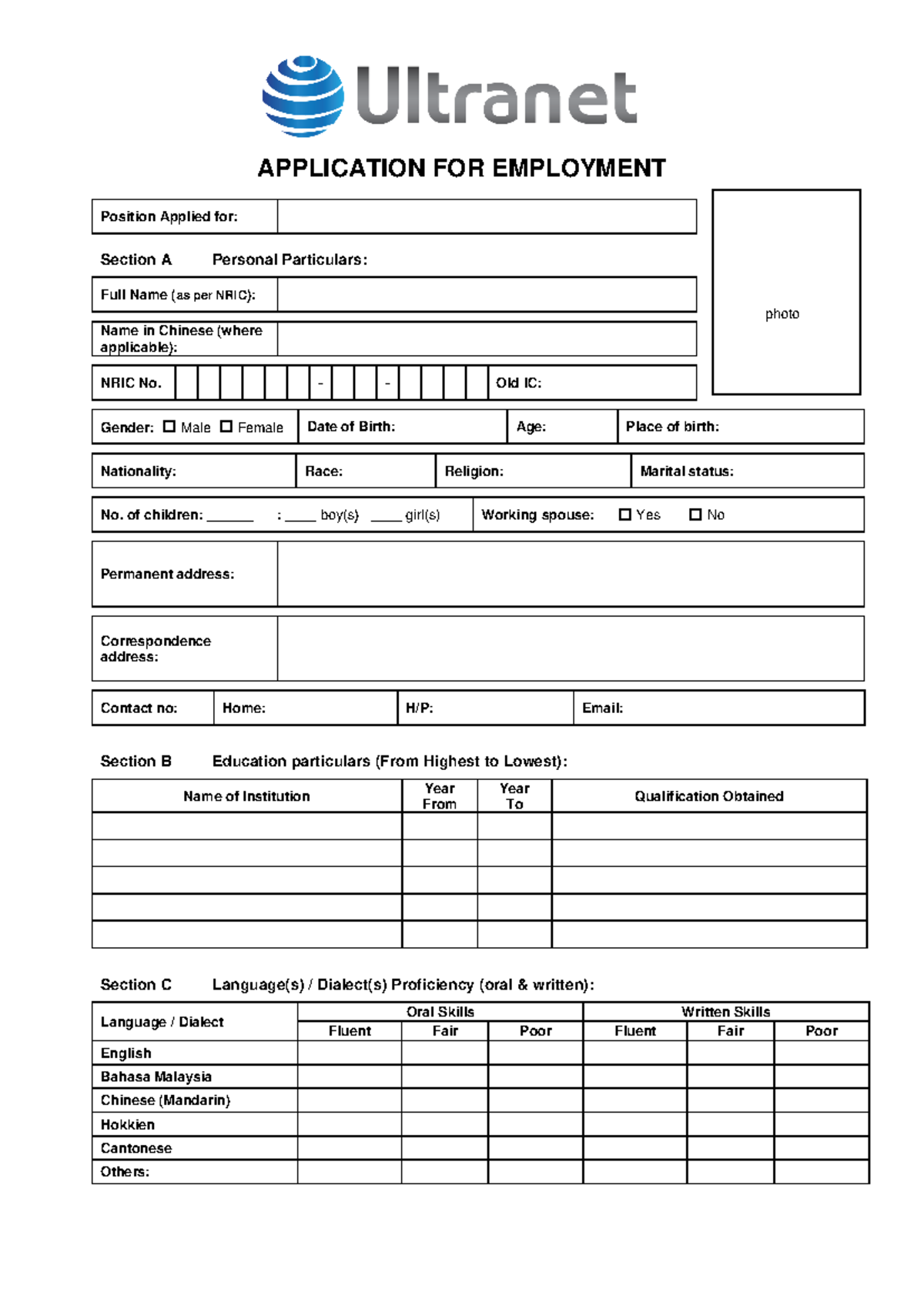 Job Application Form (Ultranet ) - APPLICATION FOR EMPLOYMENT Position ...