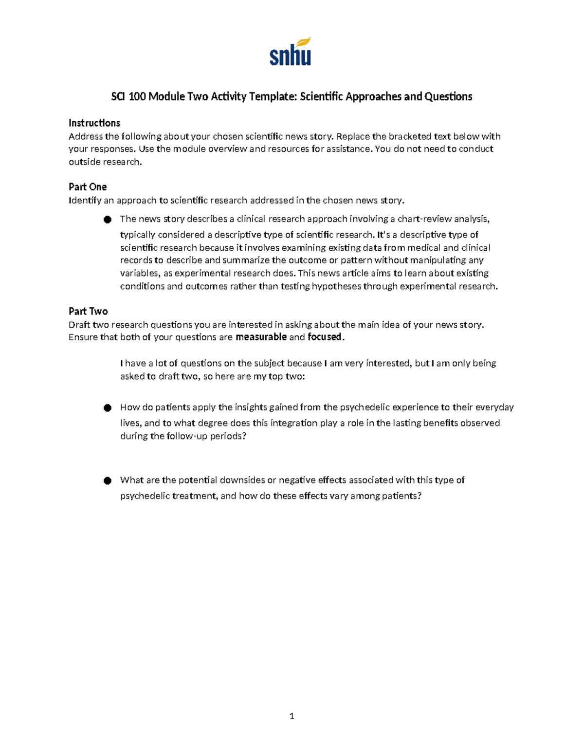 SCI 100 Module Two Activity Template - Replace the bracketed text below with your responses. Use ...