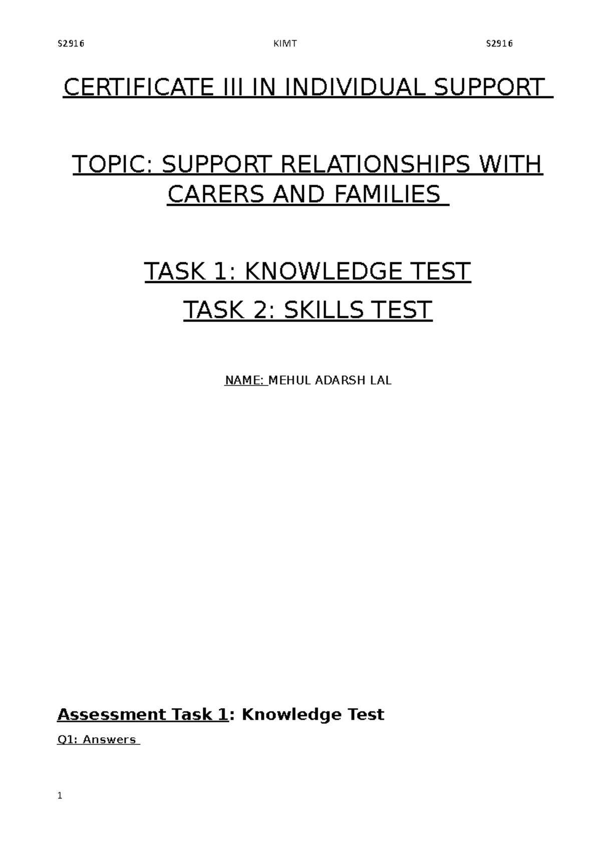 Certificate III IN Individual Support - CERTIFICATE III IN INDIVIDUAL ...