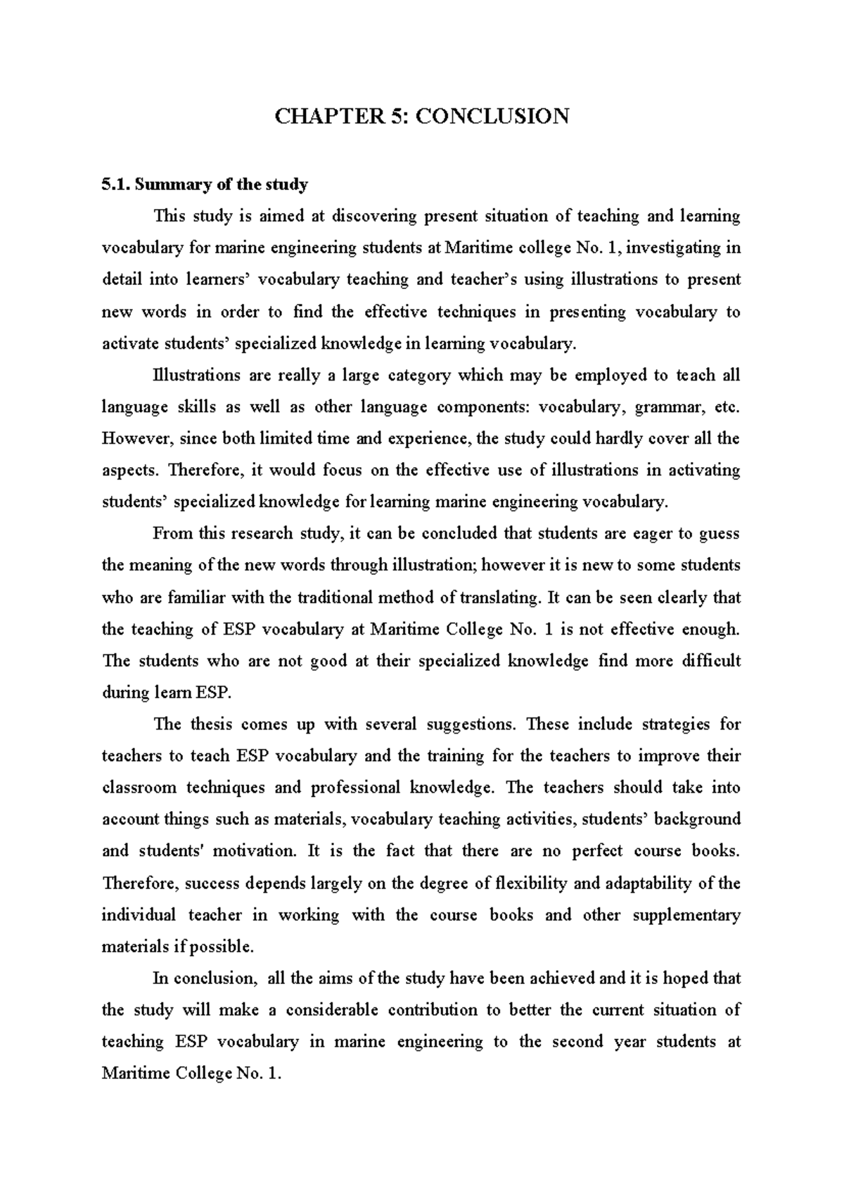 Conclusion Sample 1scdsc - CHAPTER 5: CONCLUSION 5. Summary of the ...