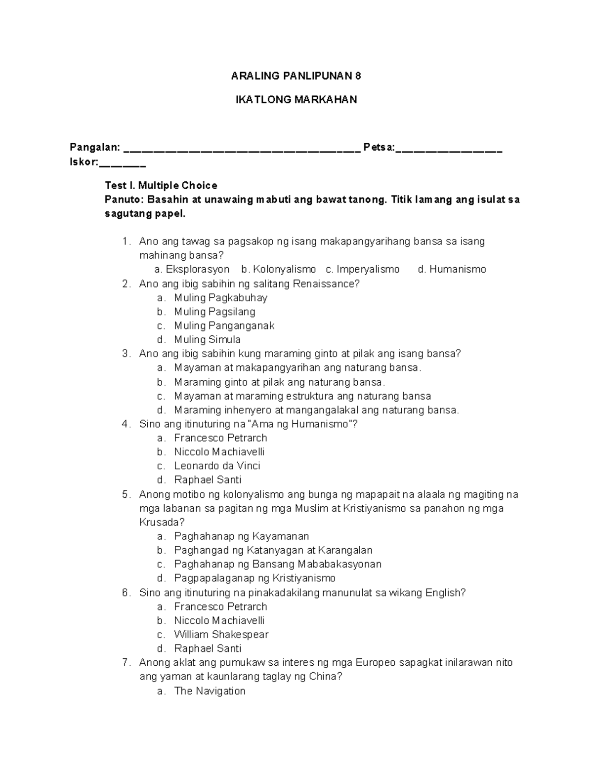 Test Questions for AP - ARALING PANLIPUNAN 8 IKATLONG MARKAHAN Pangalan ...