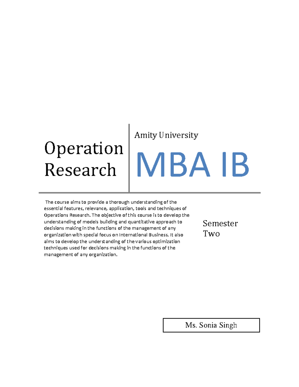 Operation Research - iojip - Operation Research Amity University MBA IB ...