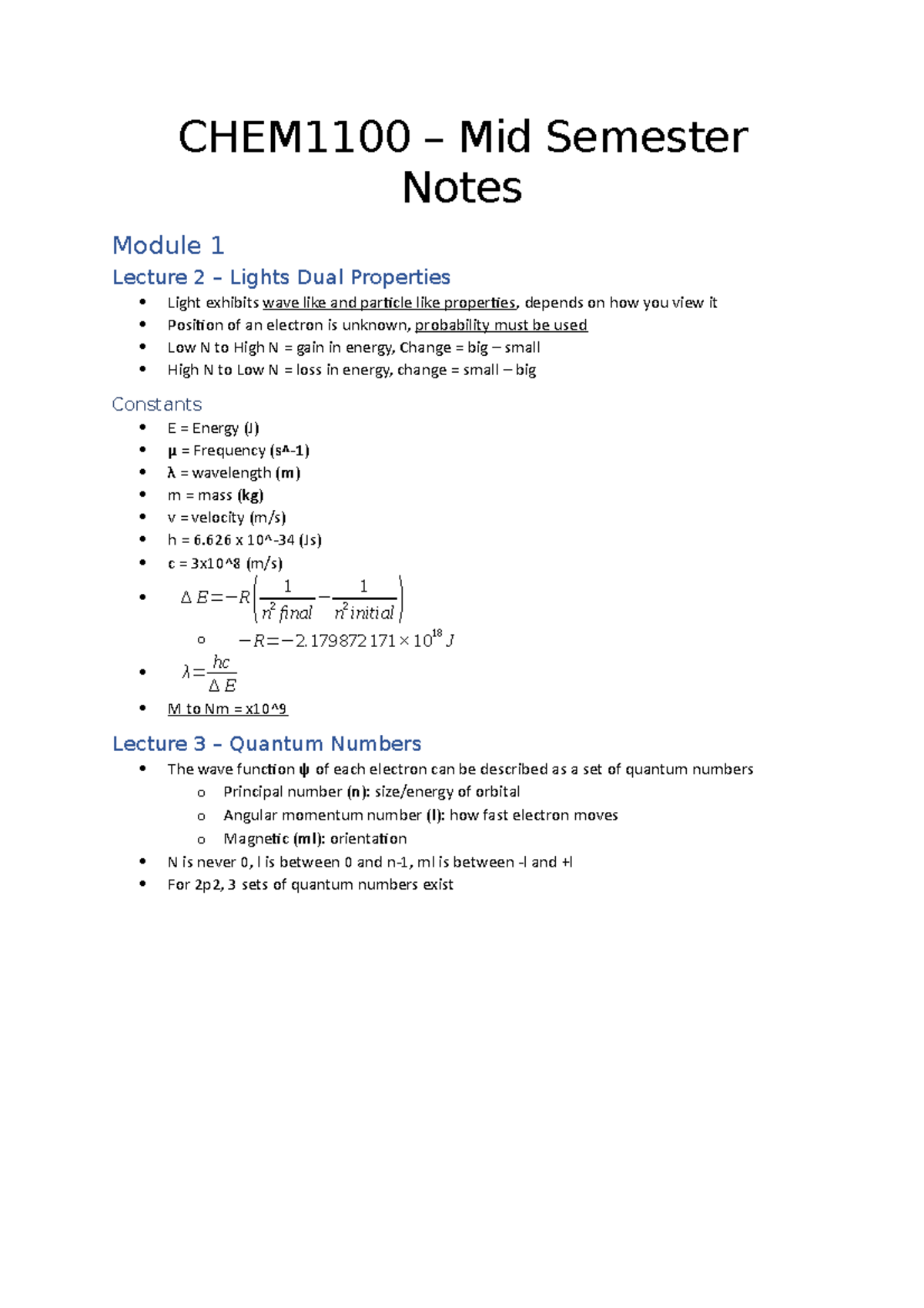 CHEM1100 mid sem notes - CHEM1100 – Mid Semester Notes Module 1 Lecture ...