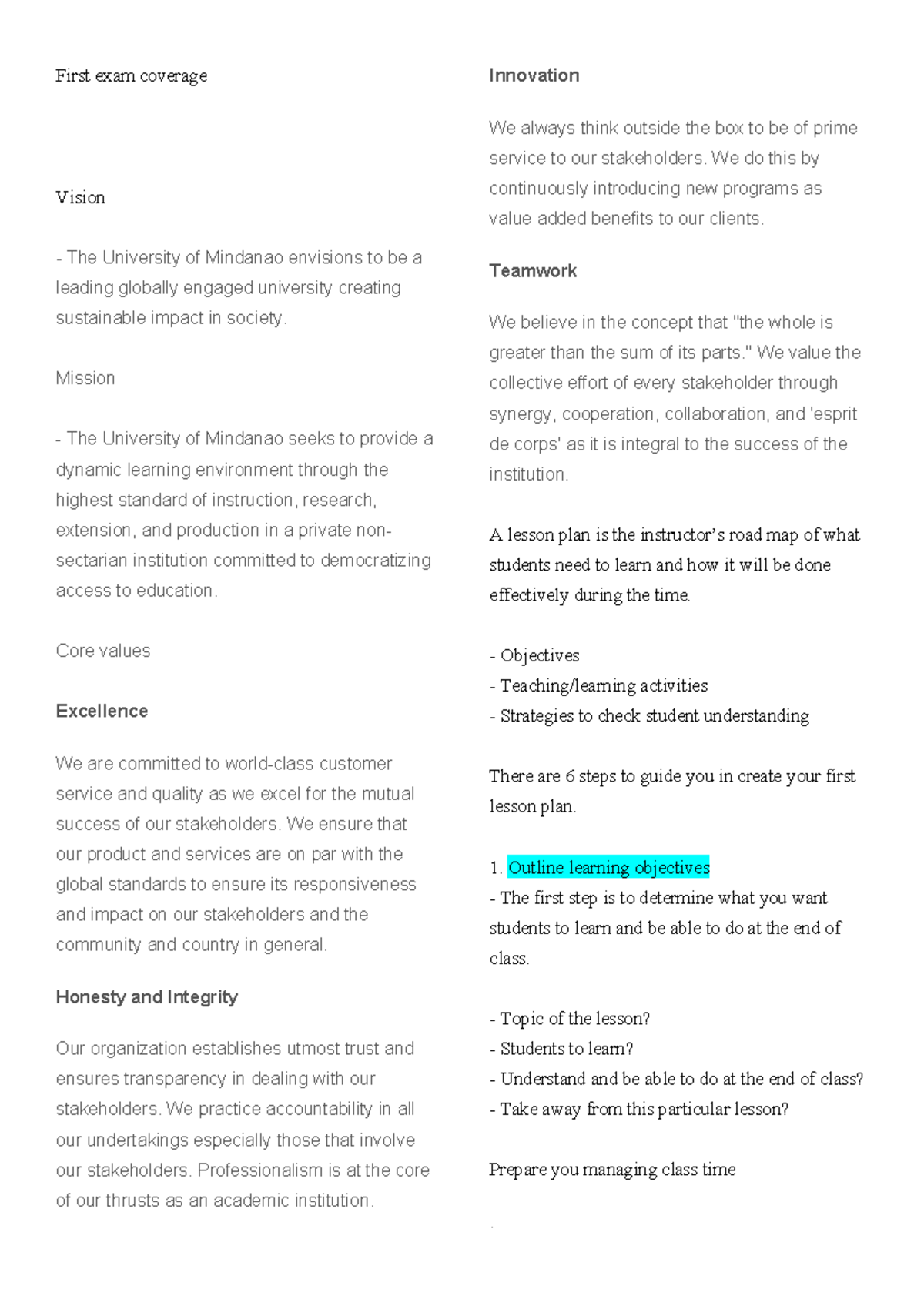 First exam coverage - First exam coverage Vision The University of ...