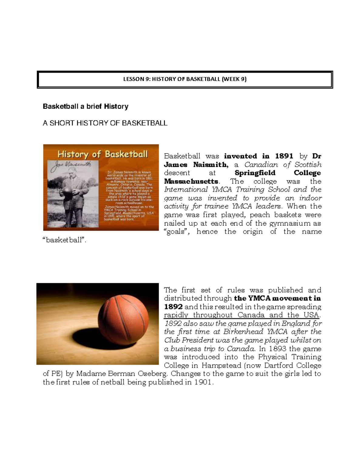 Lesson 9 pdf pe4 - Have a good day - Basketball a brief History A SHORT ...