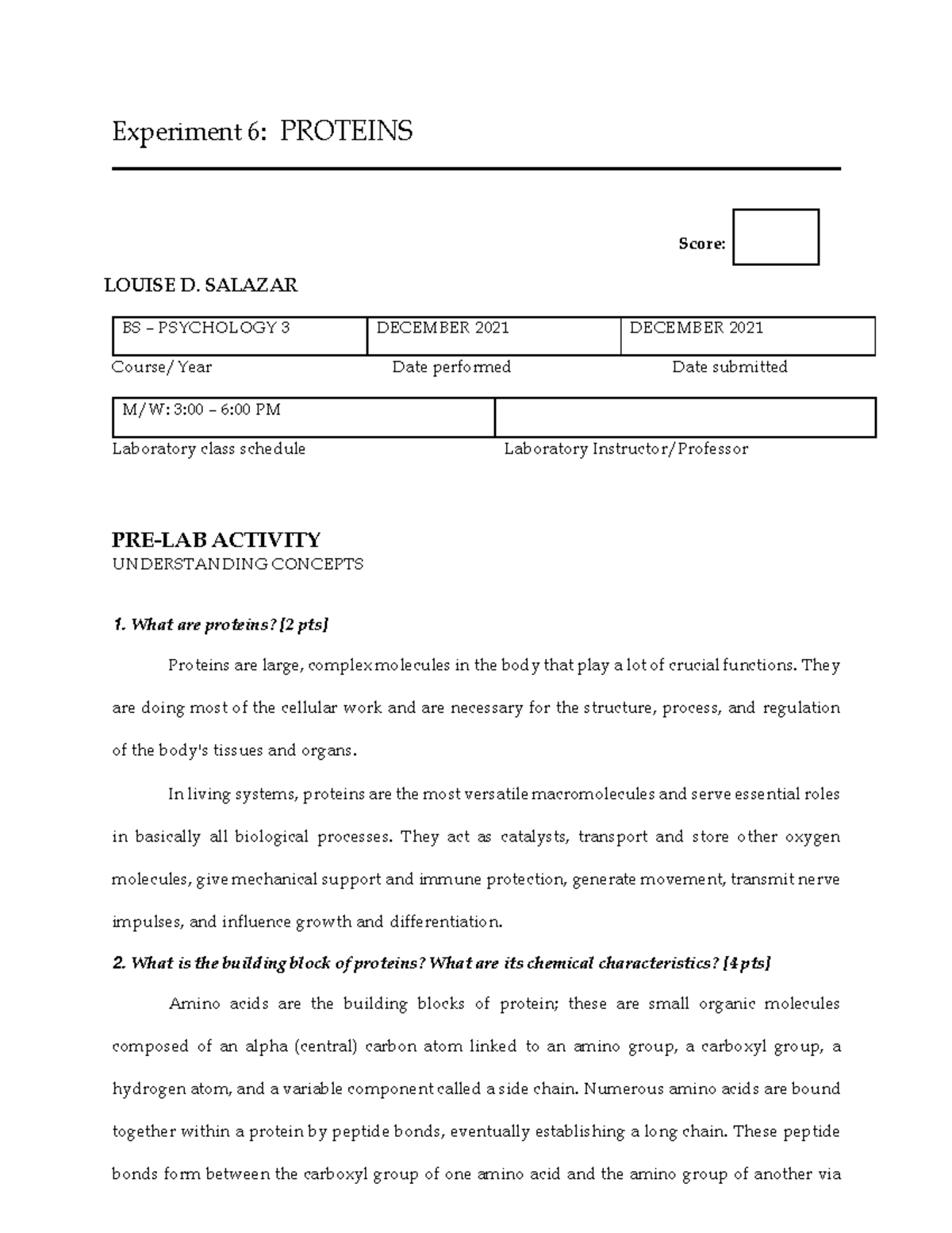 Chem 2221 Proteins Pre-Lab Activity (Individual) - Experiment 6 ...