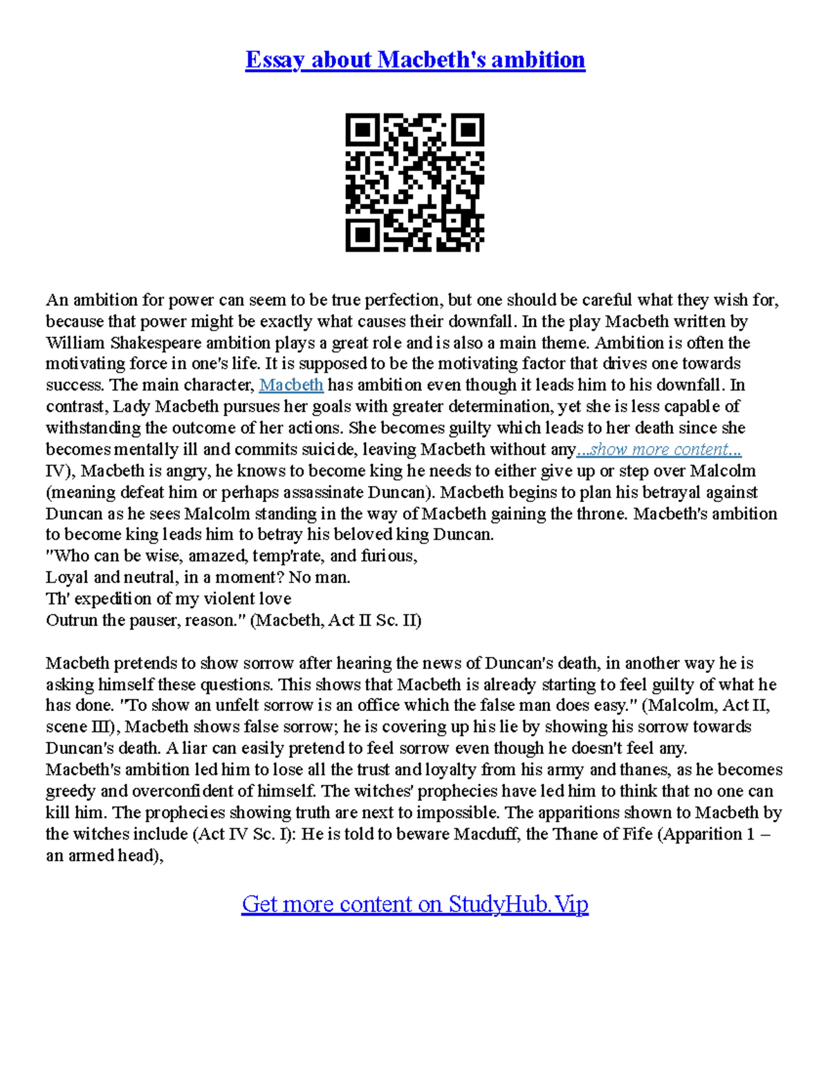 Ambition In Macbeth Essay - Essay about Macbeth's ambition An ambition ...