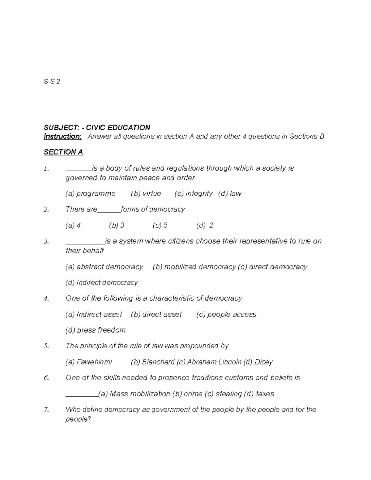 S S 2(1)-1 - Exam - S S 2 SUBJECT: - CIVIC EDUCATION Instruction: Answer all questions in ...
