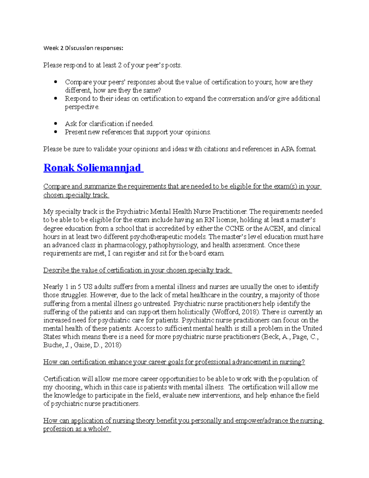 Week 1 discussion responses - Week 2 Discussion responses: Please ...