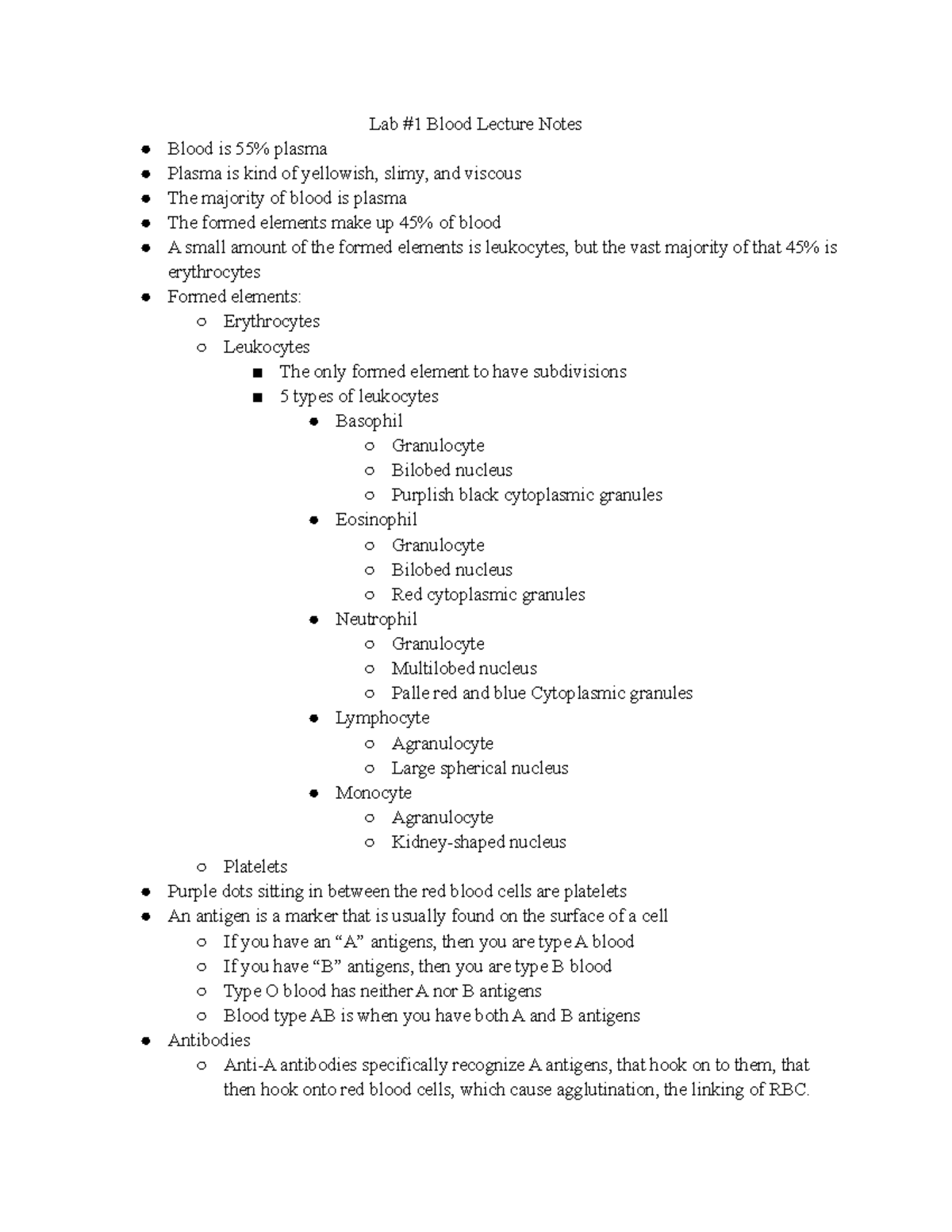 A&P 2 Video-Lab Lecture #1 Blood - Lab #1 Blood Lecture Notes Blood is ...
