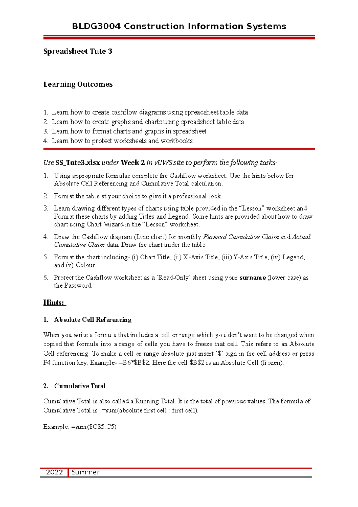 SS Tute 3-2022 Summer A - vsdv - BLDG3004 Construction Information ...