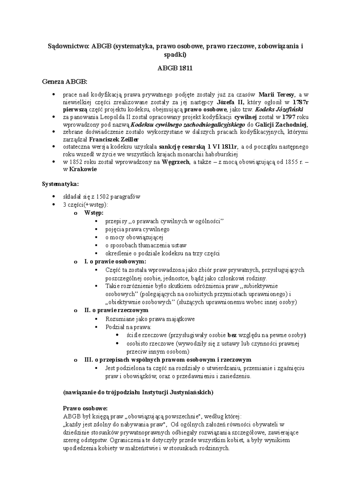 ABGB i Landrecht notatki - Sądownictwo: ABGB (systematyka, prawo ...