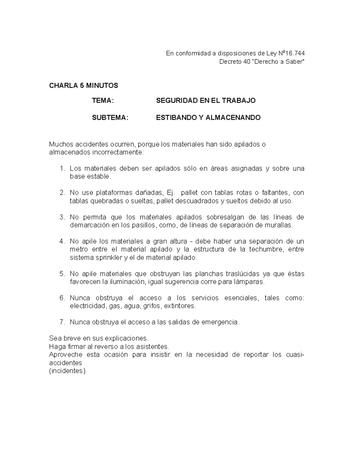 Charlas estibaje y almacenamiento - En conformidad a disposiciones de ...