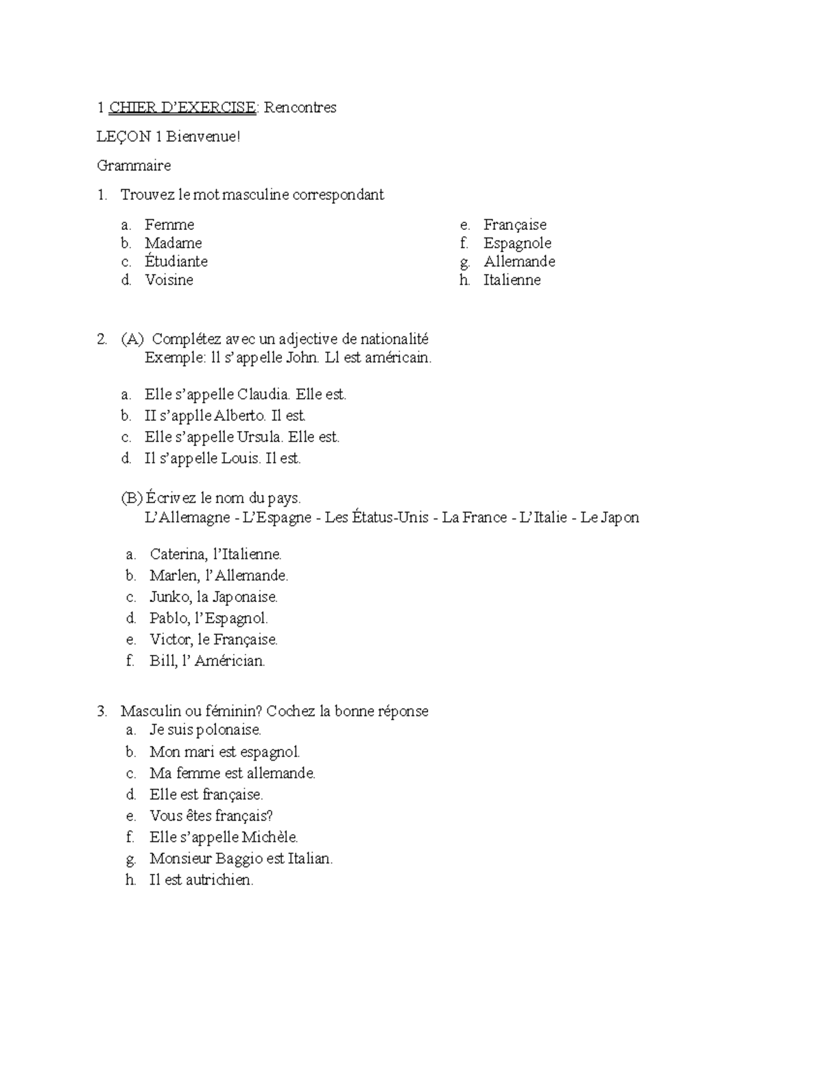 Introduction to French - 1 CHIER D’EXERCISE: Rencontres LEÇON 1 ...