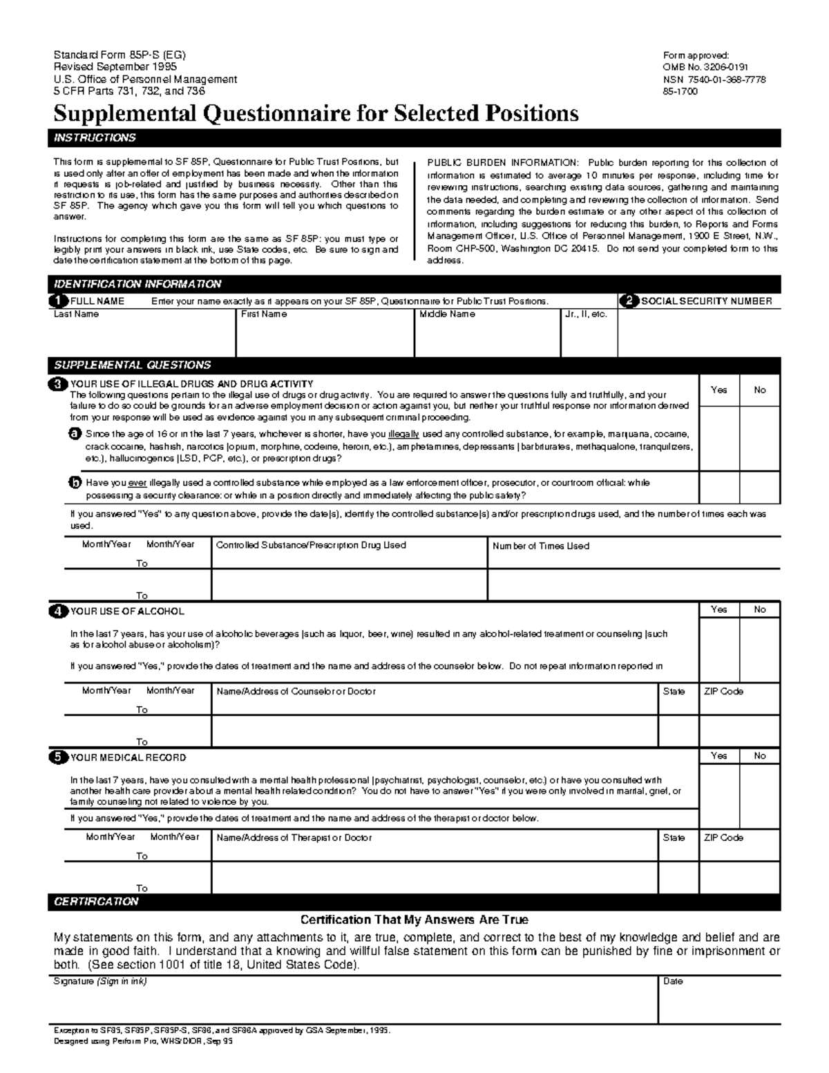 SF85PS Supplemental Questionnaire for Selected Positions - YOUR USE OF ...