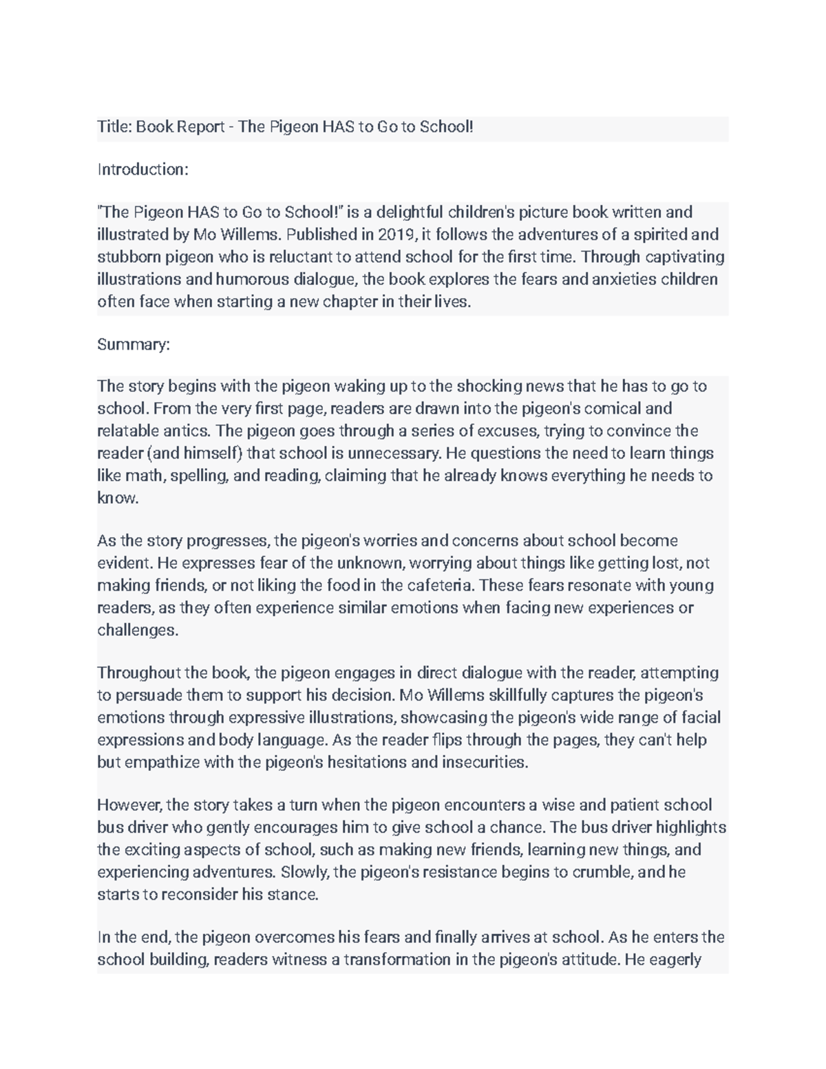 Title Book Report - The Pigeon HAS to Go to School - Title: Book Report ...