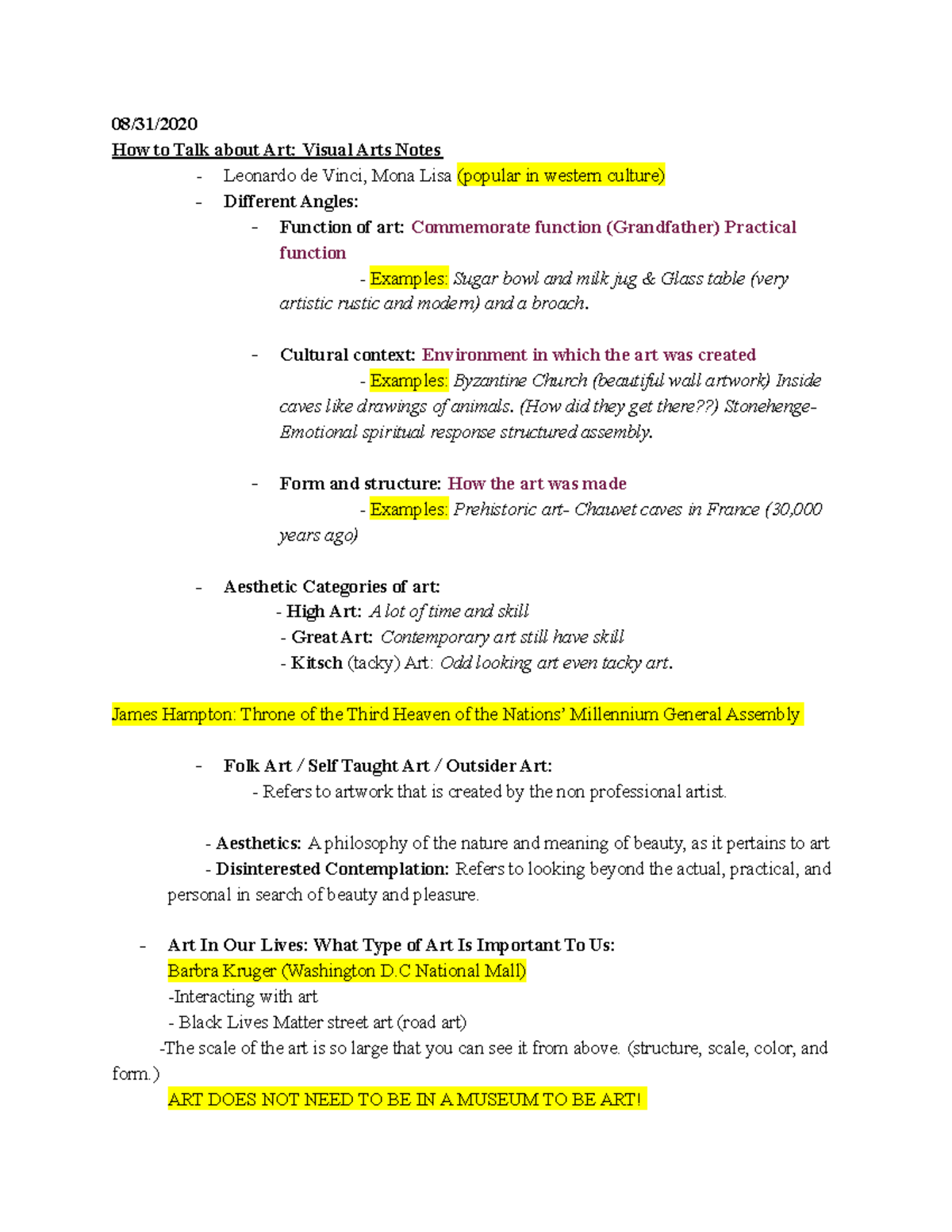 Visual Arts Notes - Overview materials - 08/31/ How to Talk about Art ...