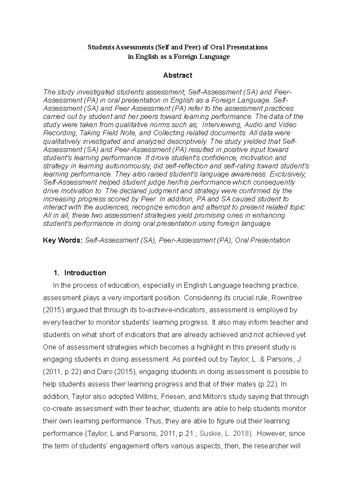 Students Assessments (Self and Peer) of Oral Presentations - Self ...