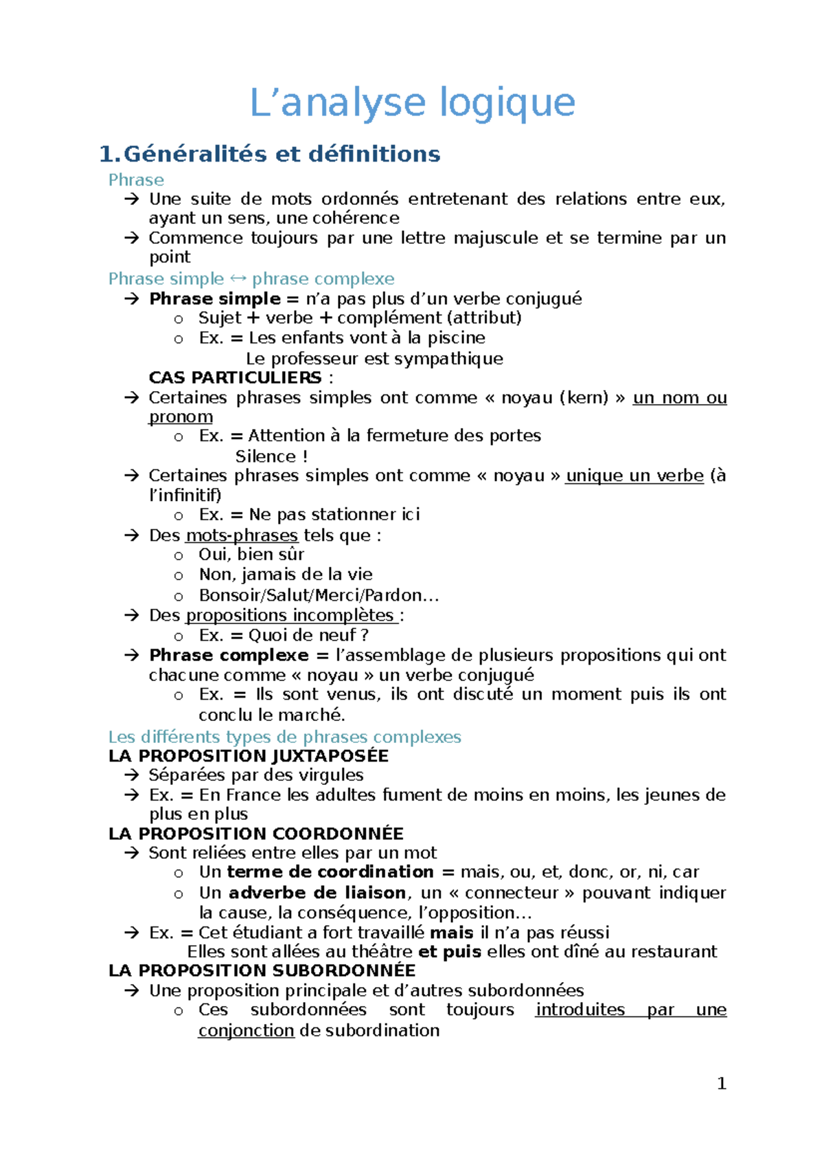 L’analyse logique Frans I - L’analyse logique 1énéralités et définitions Phrase Une suite de ...