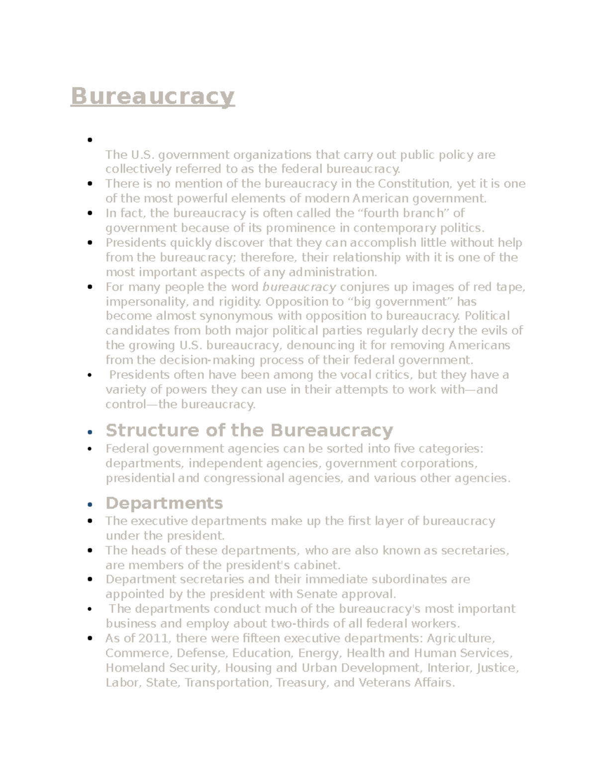 Bureaucracy notes for week 4 - Bureaucracy The U. government ...