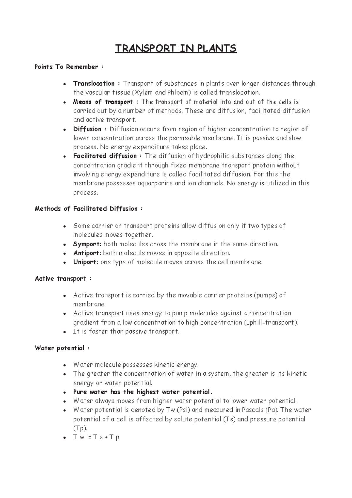 7.Transport in Plants(XI-Botany Chapter-7) - Points To Remember ...