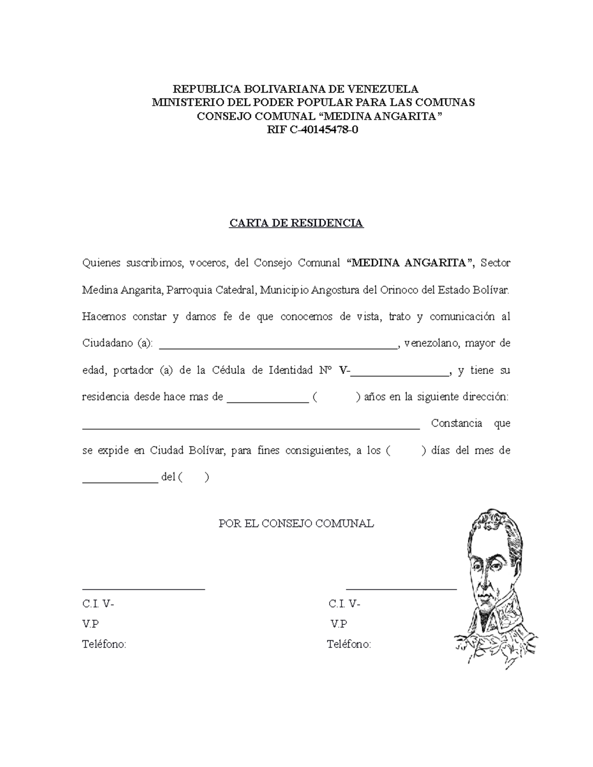 Carta de residencia formato - REPUBLICA BOLIVARIANA DE VENEZUELA ...