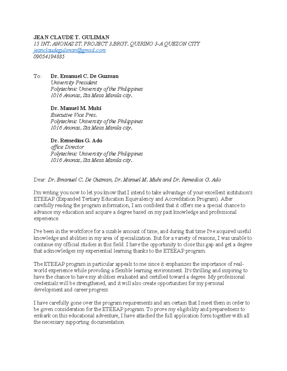 Letter of intent PUP - JEAN CLAUDE T. GULIMAN 15 INT. ANONAS ST ...